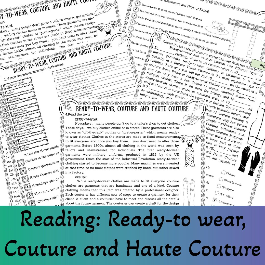 Reading Activity and Worksheets: Ready-to-wear, Couture and Haute ...