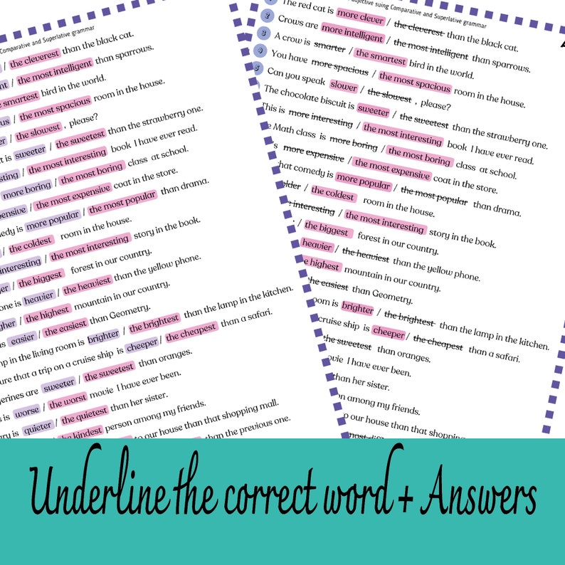 Practice Worksheets: Comparative and Superlative Adjectives - Etsy
