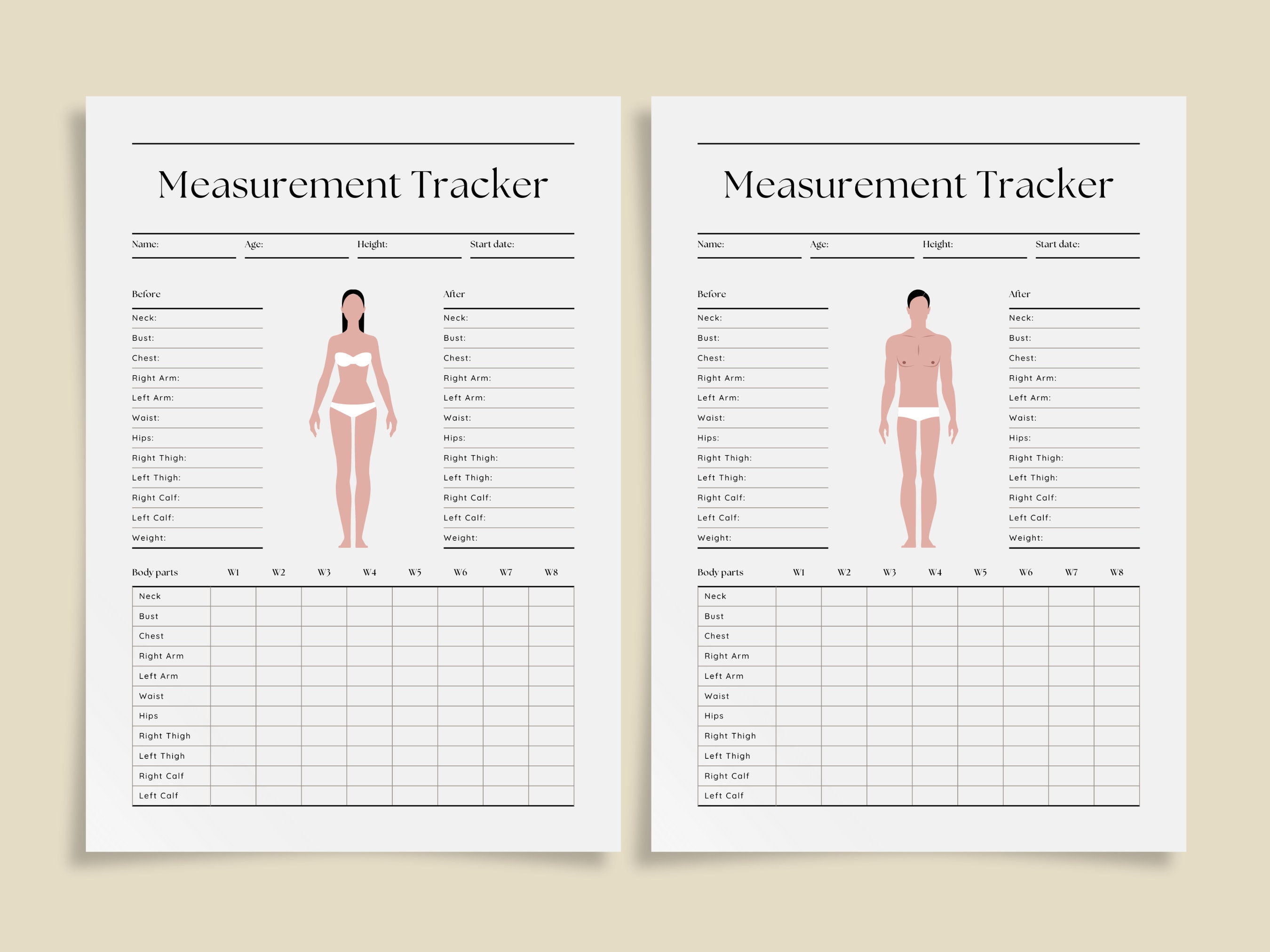 Printable Body Measurements Tracker, 8 Week Body Transformation ...