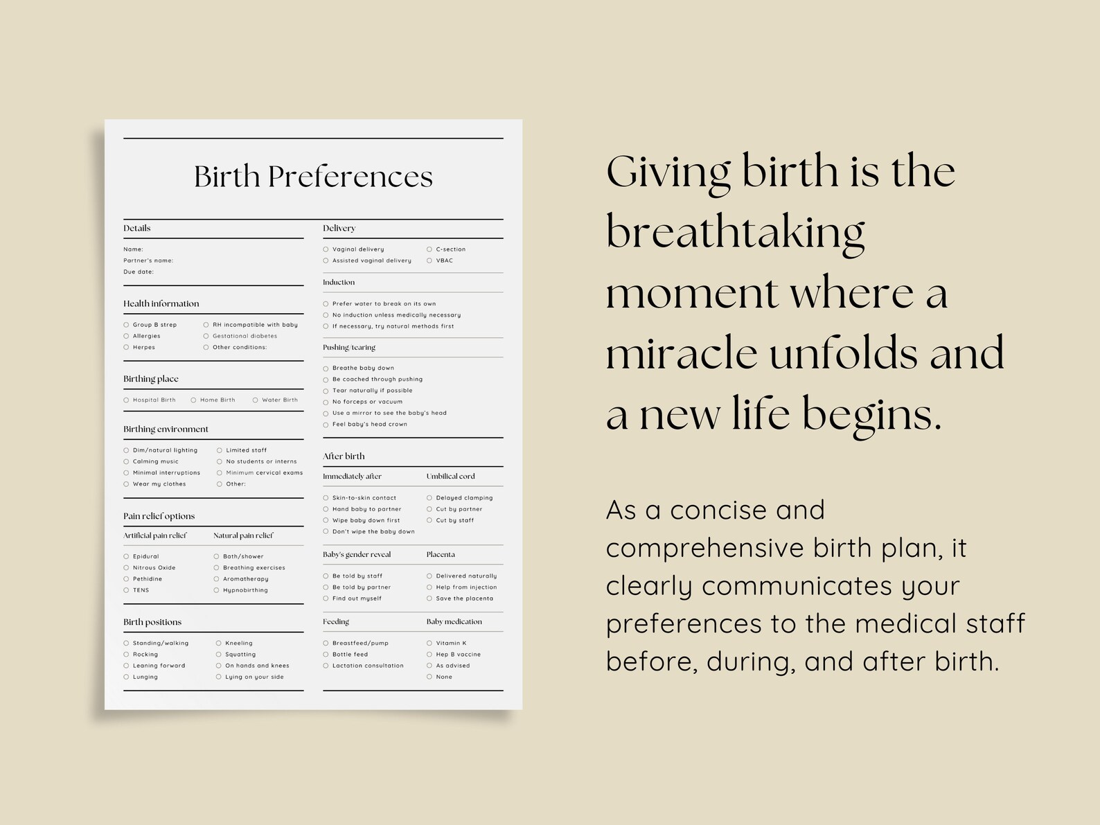 Printable Birth Plan Digital Template, Natural Birthing Plan Template ...