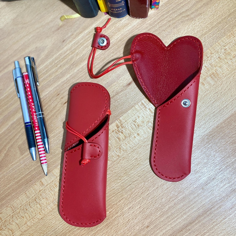 Heart Leather Pencil Case – Handmade Genuine Leather Pen Holder With ...