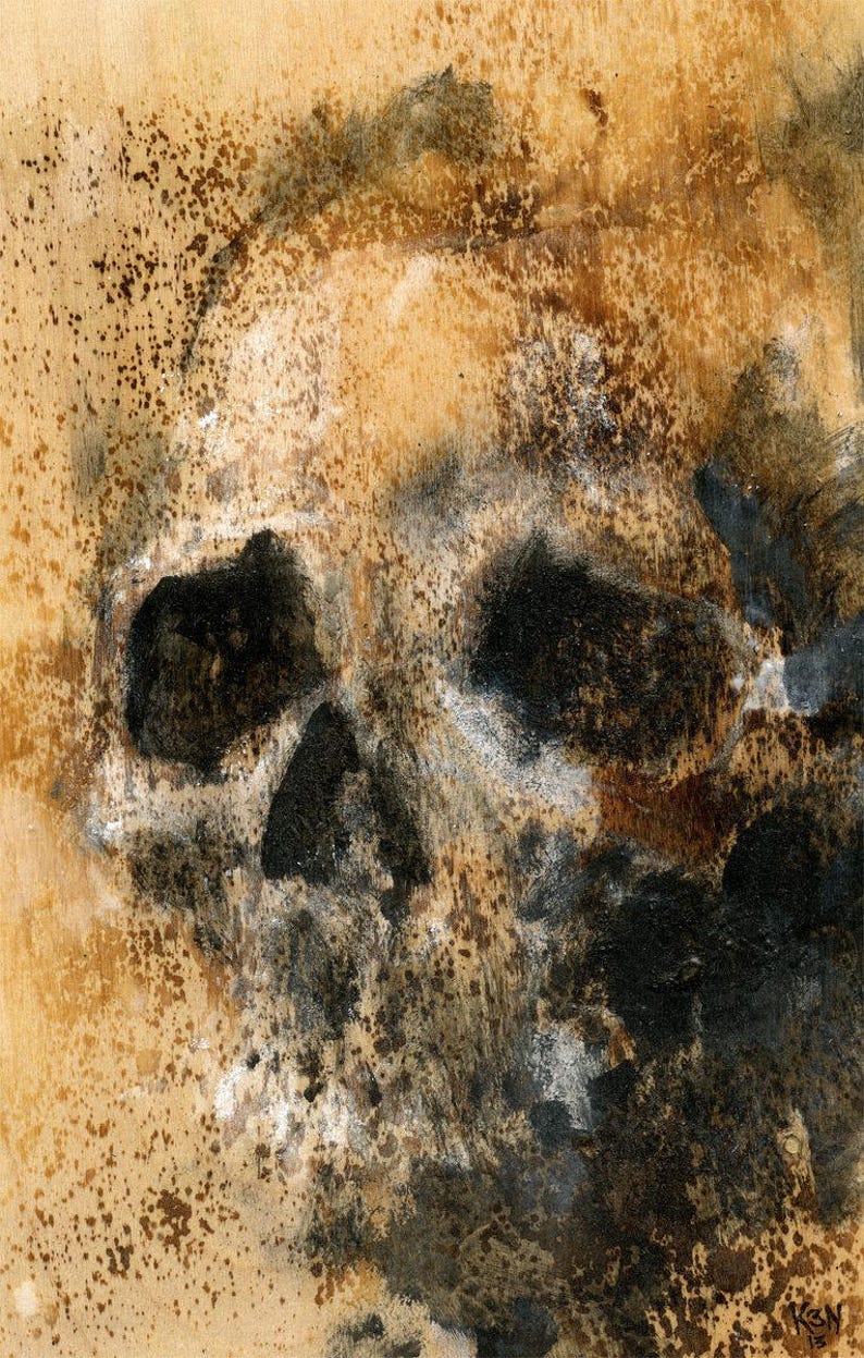 Pyro Skull chemical pyrography splatter abstract skull sepia acrylic ...
