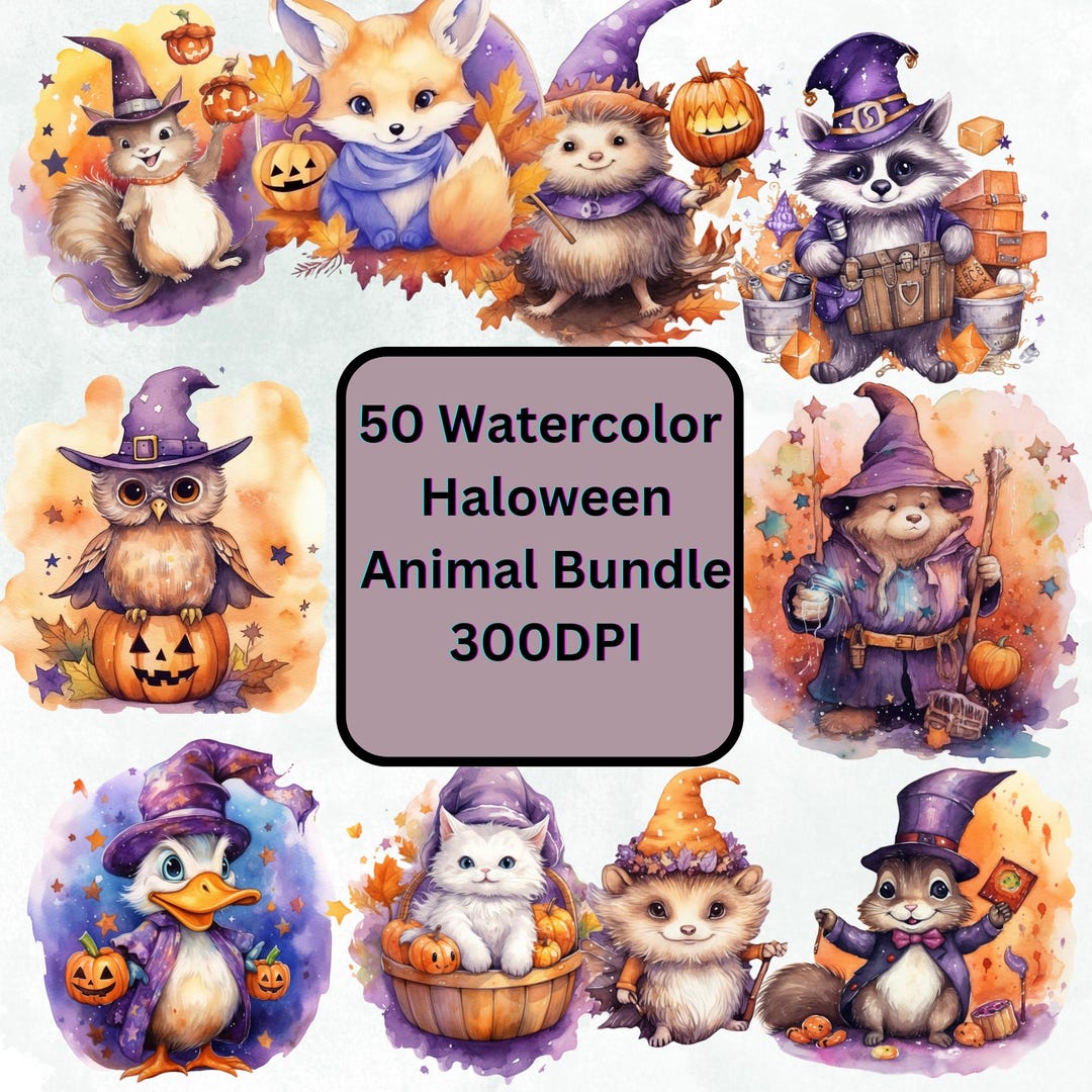 Watercolor Halloween Animals Clipart, Cute Halloween Animals Clipart ...