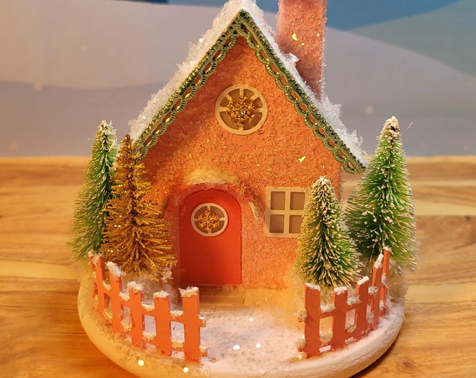 Putz MINI Pink Glitter House With Chimney, Pink Door With Green German ...