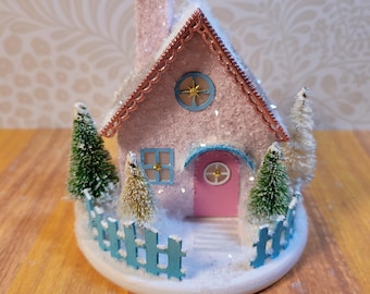 Putz MINI Pink Glitter House With Chimney, Pink Door With Green German ...