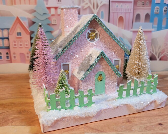 Pink Little Glitter House With Chimney and Green German Dresden Trim ...