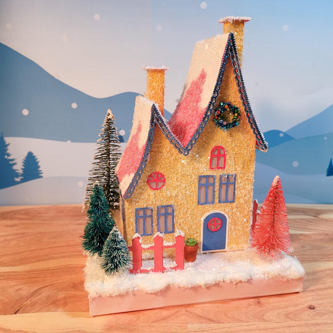 Putz Yellow Glitter House With Red Twin Roof and Chimneys, Dresden Trim, German Glass Glitter ...