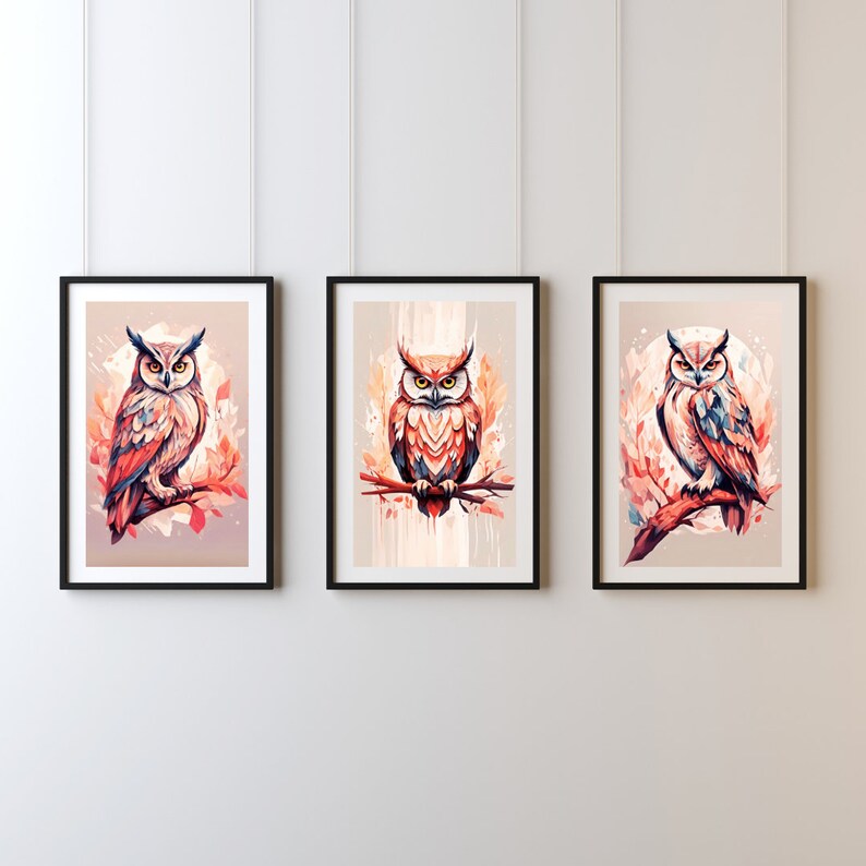 Owl Lover's Delight: 3-piece Wall Art Set With Owl Motif L Red - Etsy