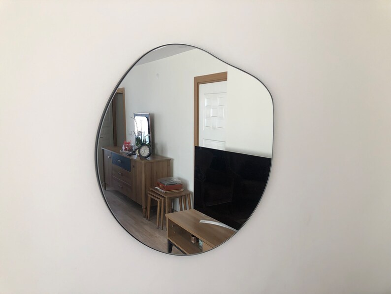 Irregular Round Mirror Wall Decor Asymmetrical Wooden Framed Pond ...