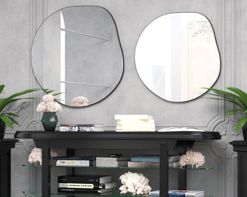Irregular Round Mirror Wall Decor Asymmetrical Wooden Framed Pond ...