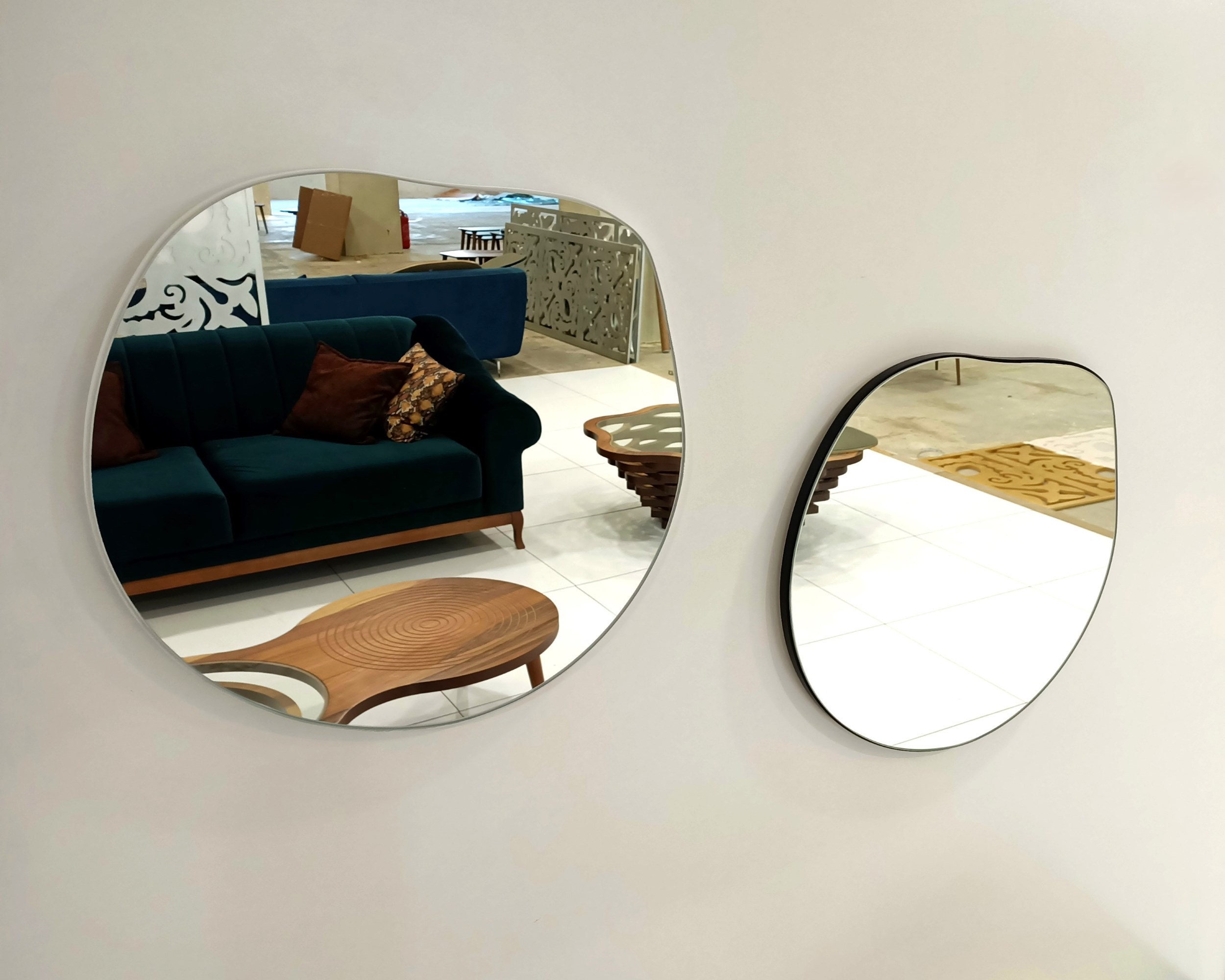 Irregular Round Mirror Wall Decor Asymmetrical Wooden Framed Pond ...