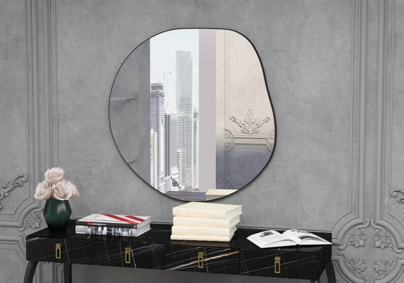 Irregular Round Mirror Wall Decor Asymmetrical Wooden Framed Pond ...