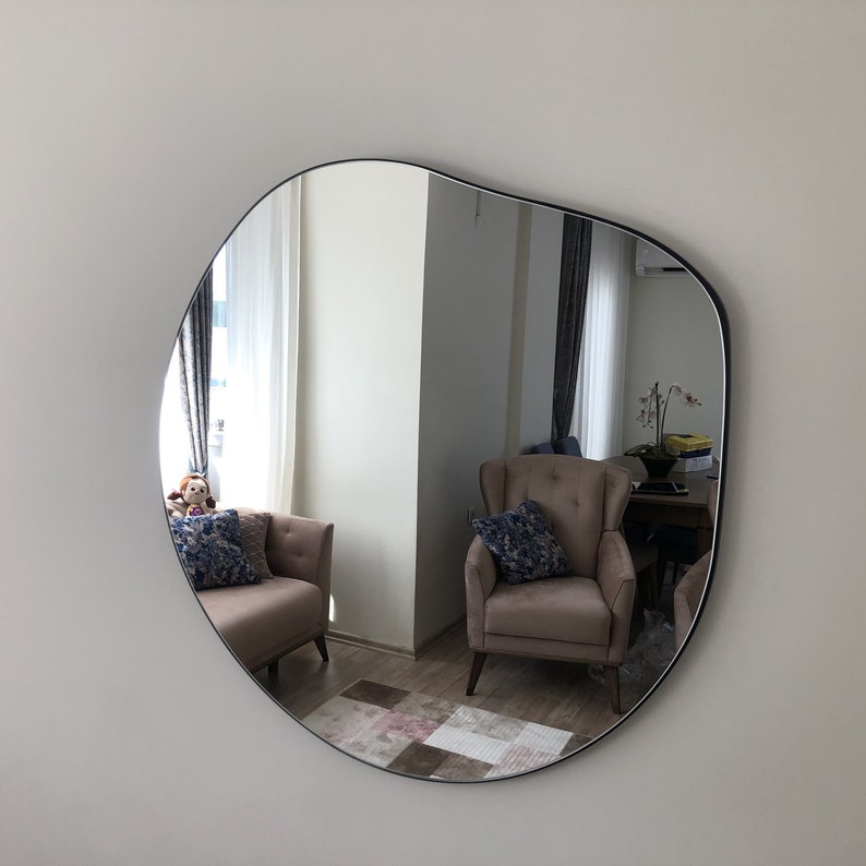 Irregular Round Mirror Wall Decor Asymmetrical Wooden Framed Pond ...