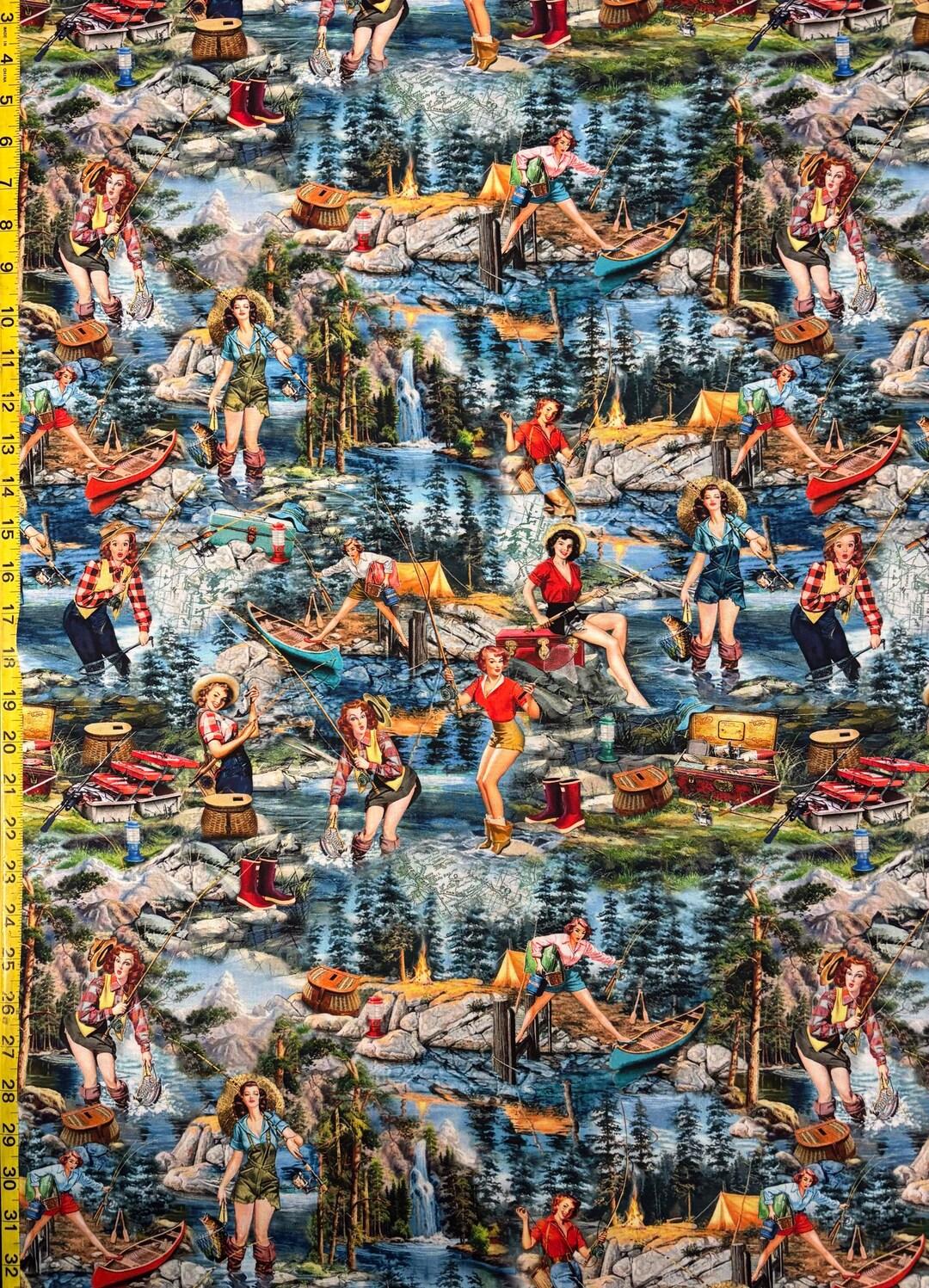 What A Catch Pin up Fishing Girl Michael Miller Fabric ( Yard or Half ...