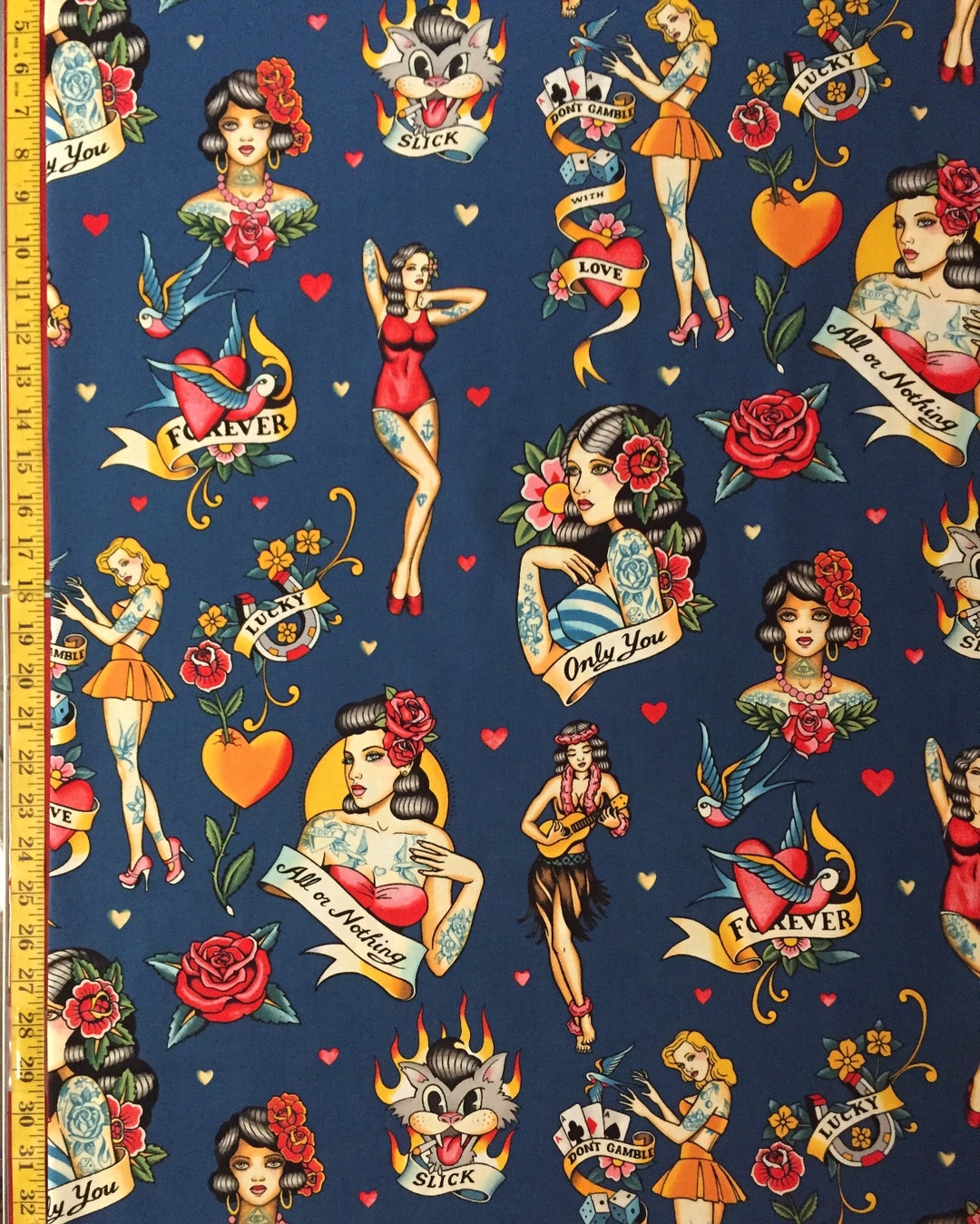 Don't Gamble With Love - Alexander Henry Fabric - Pinup, Girl, Tattooed ...
