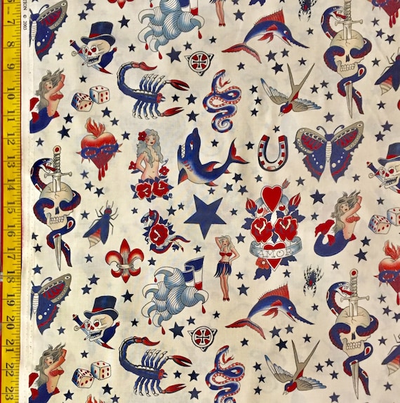 Tattoo Red Blue Tint Alexander Henry Fabric Traditional - Etsy