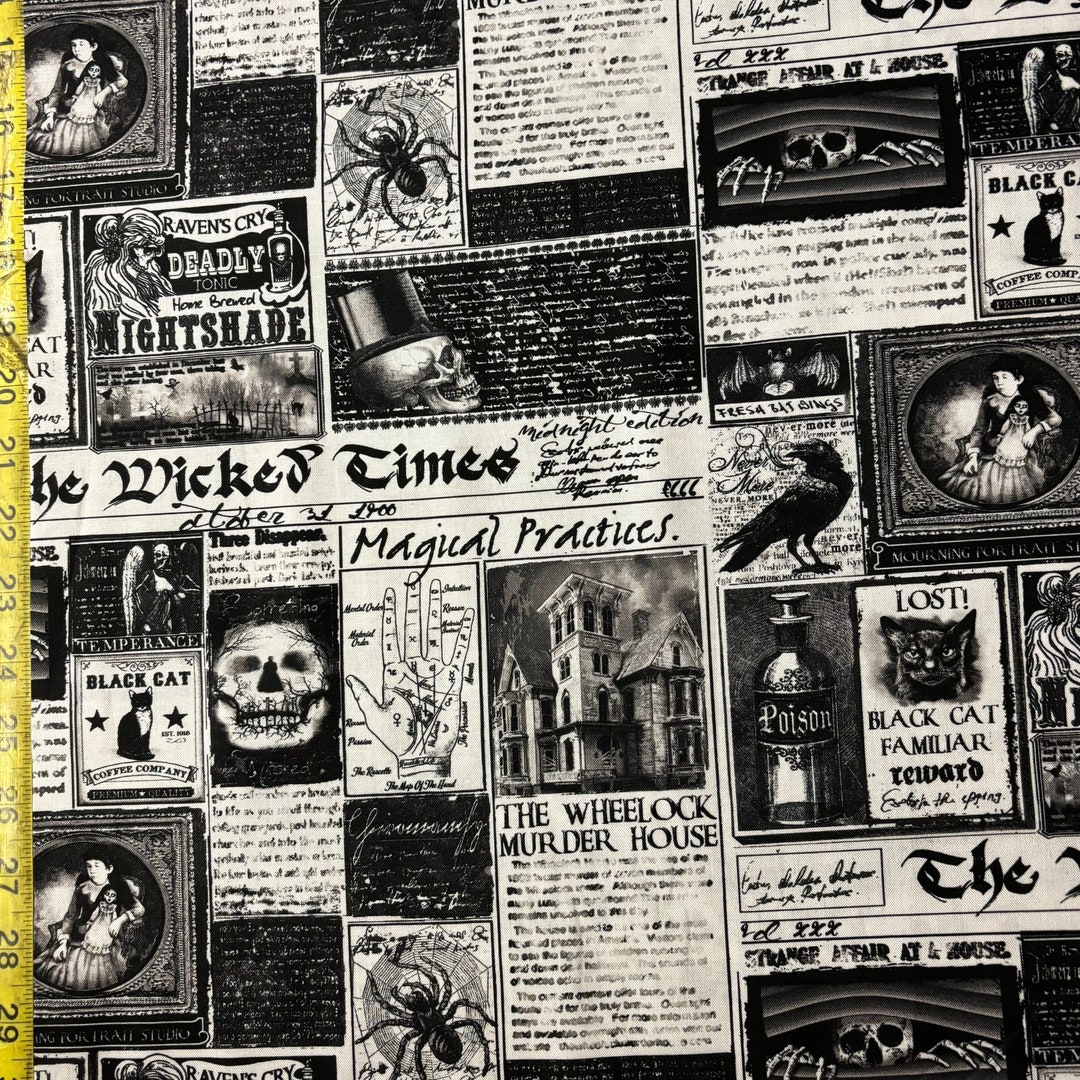 Wicked Newspaper Timeless Treasures Fabric Raven Skulls Black Cat Scary ...