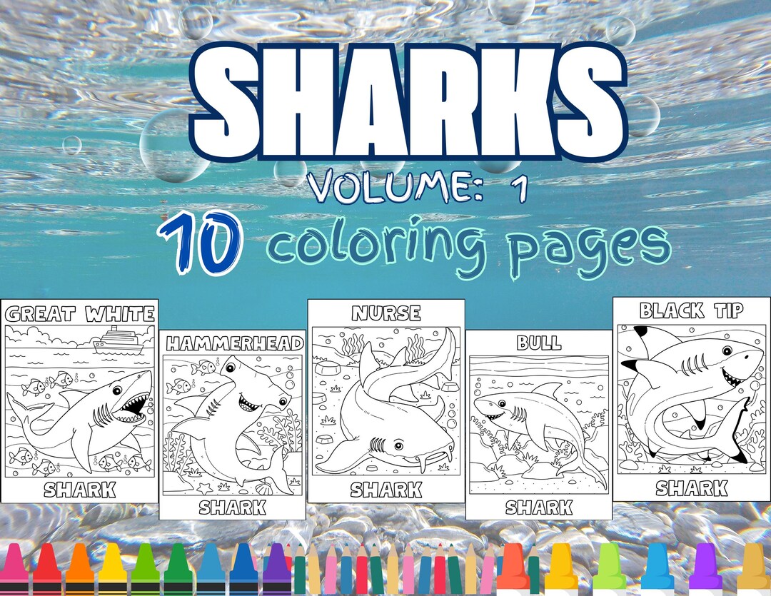 Sharks Coloring Book, Printable Coloring Pages, Kids Coloring ...