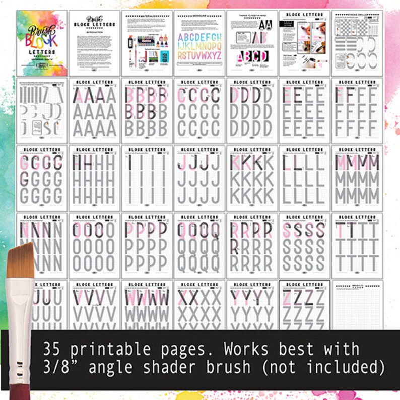 Block Letters Printable PDF - 35 Pages - Angle Shader Brush Technique ...