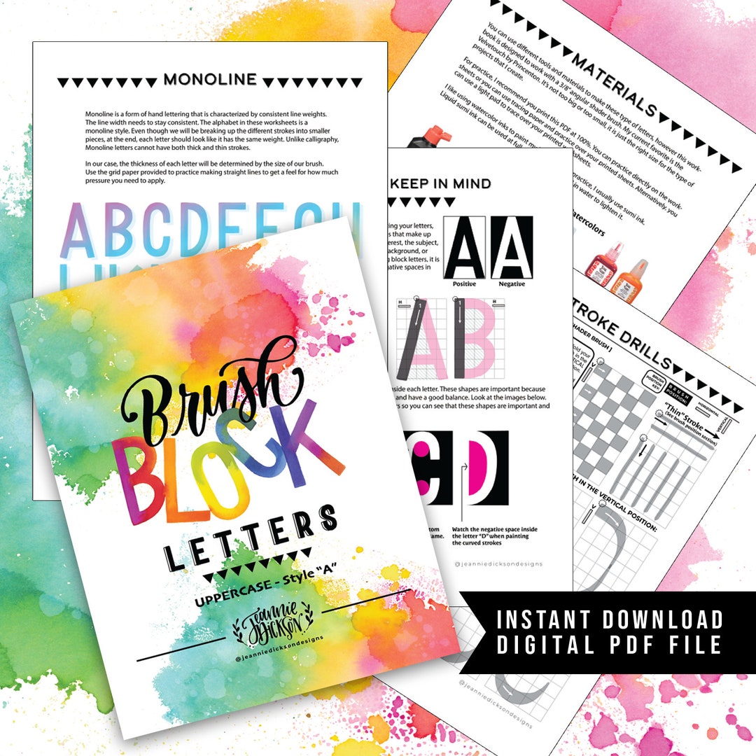 Block Letters Printable PDF - 35 Pages - Angle Shader Brush Technique ...