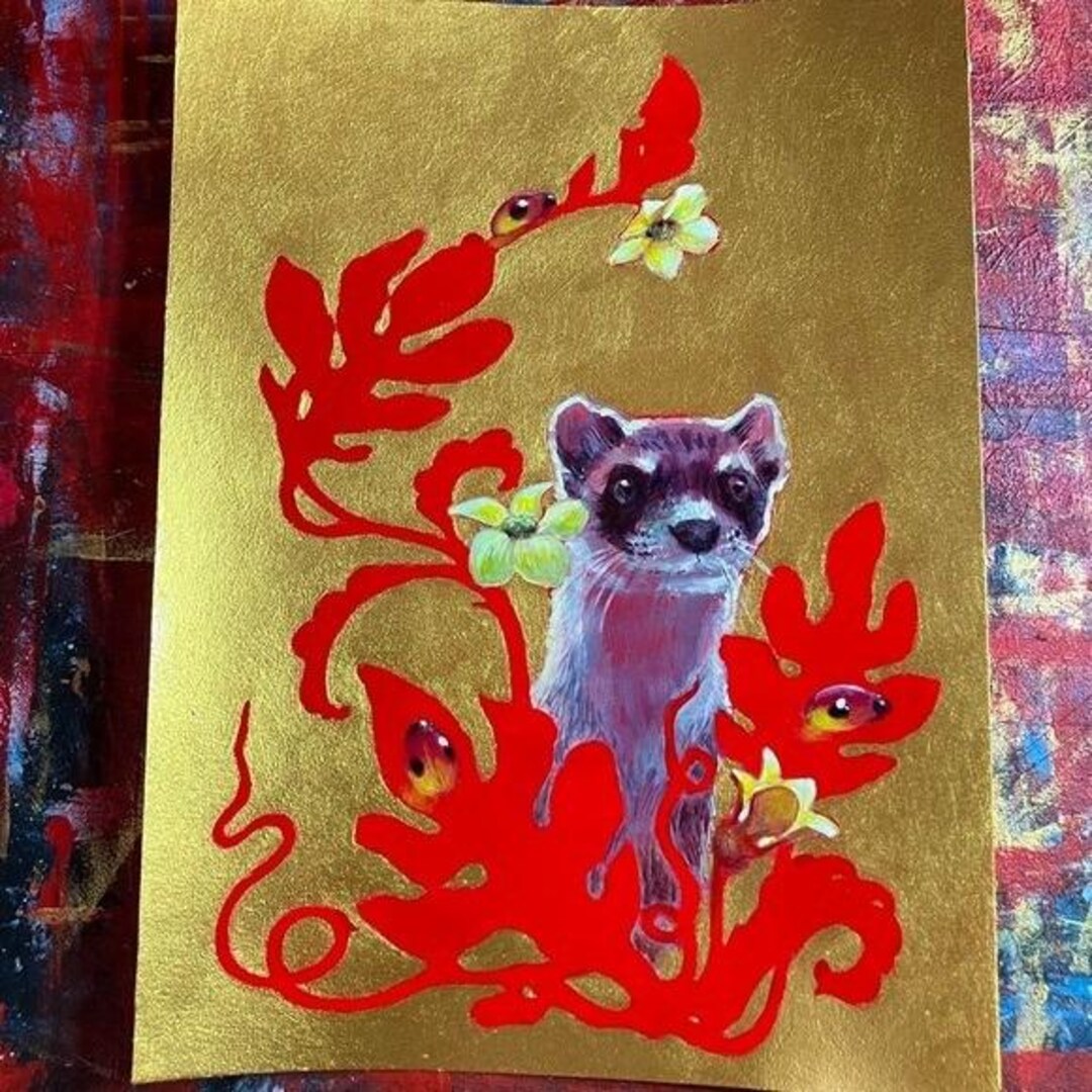 Original Ferret Painting Gold Art Nouveau Creature Red Surreal Flowers ...