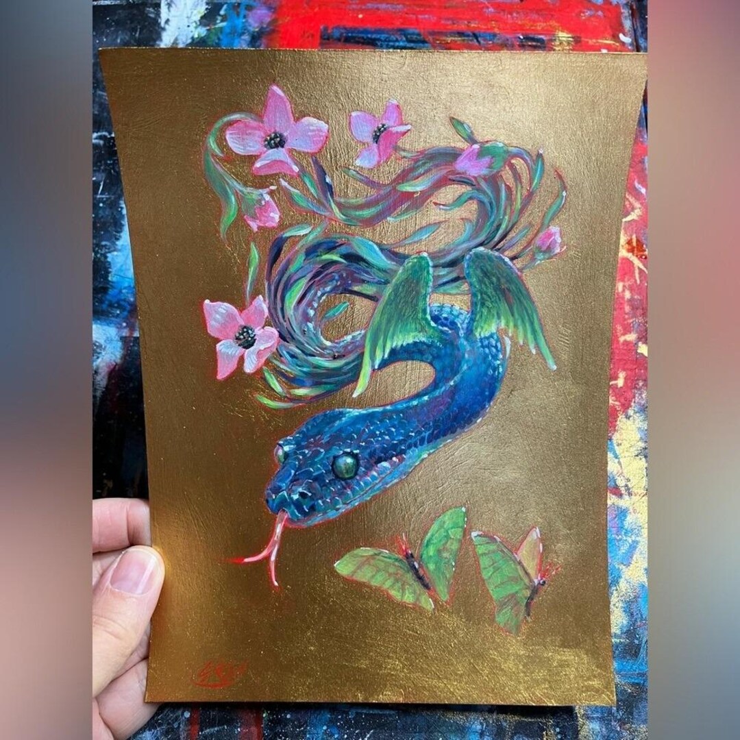 Original Painting Blue Dragon Butterfly Snake Surrealism Home Art NEW ...