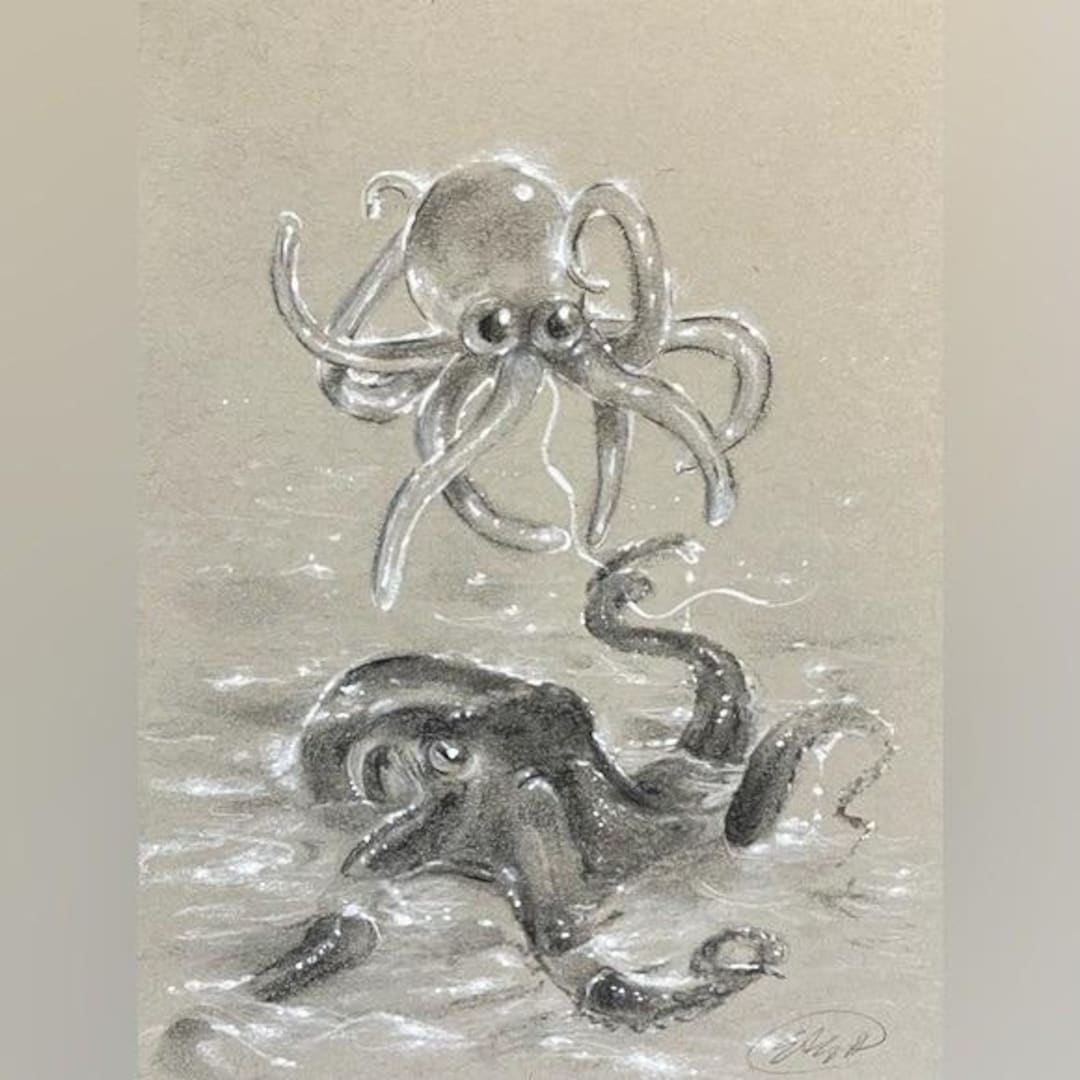 Original Octopus Painting Charcoal Pastel Art Ocean Squid Surrealism ...