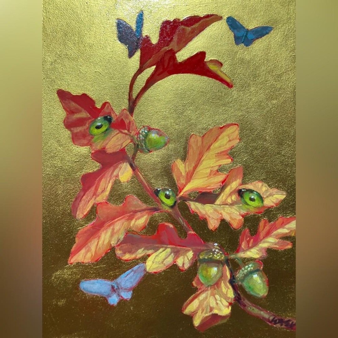Butterfly Oak Acorn Original Painting Nature Art Gold Surreal Nouveau ...