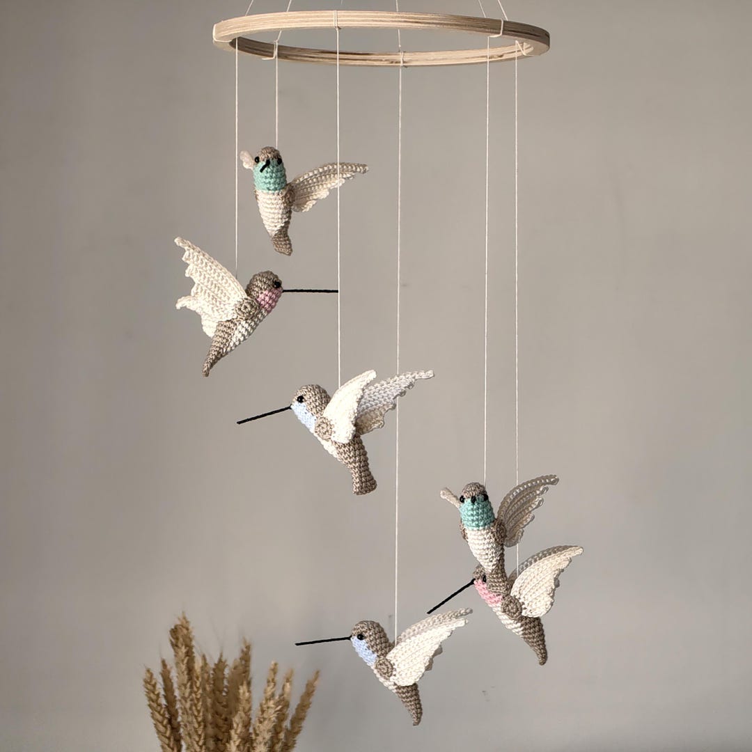 Hummingbird Mobile, Nursery Mobile Birds, Needle Knit Hummingbirds Crib ...