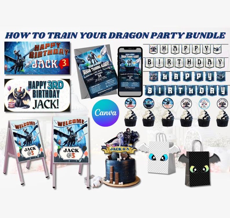 How to Train Your Dragon Birthday Party Bundle Editable Canva Template ...
