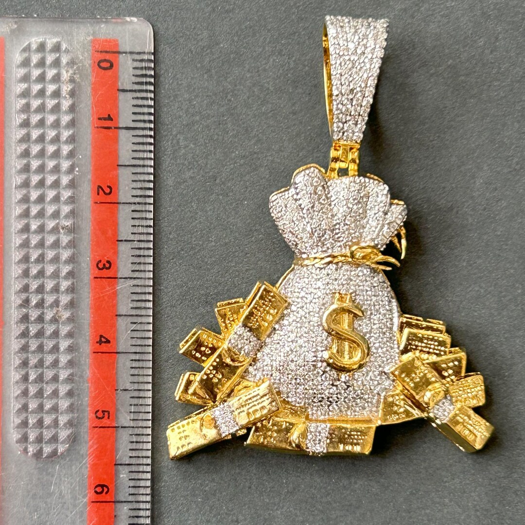 14K Yellow Gold Finish Iced Out Money Bag Pendant Bling Pendant Dollar ...