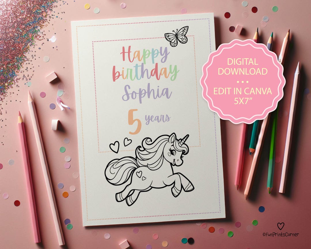 Unicorn Coloring Birthday Card Template | 5th Birthday Card | Unicorn ...
