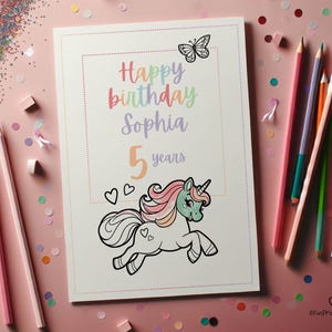 Unicorn Coloring Birthday Card Template | 5th Birthday Card | Unicorn ...