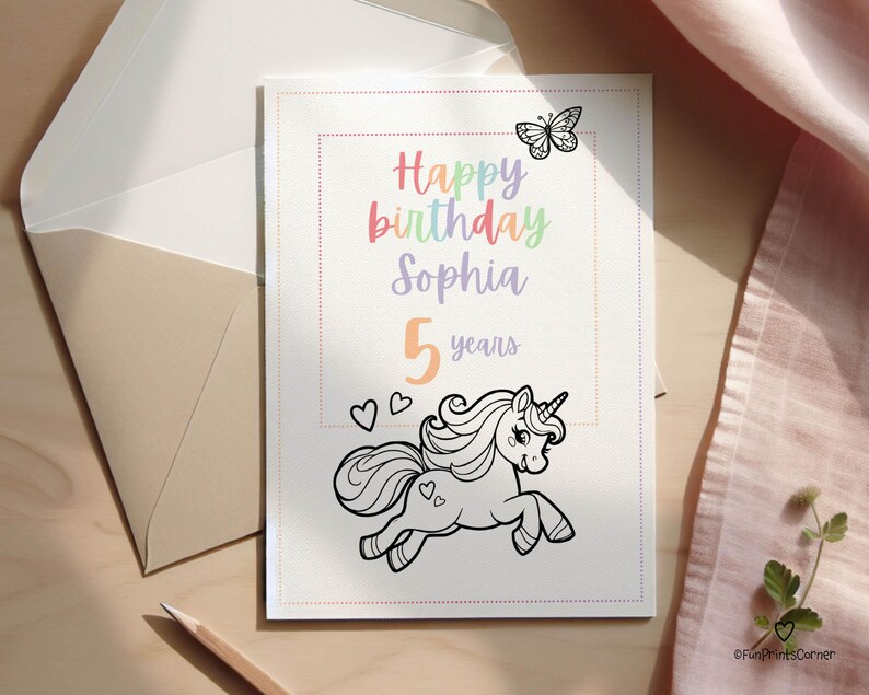 Unicorn Coloring Birthday Card Template 5th Birthday Card Unicorn Happy ...