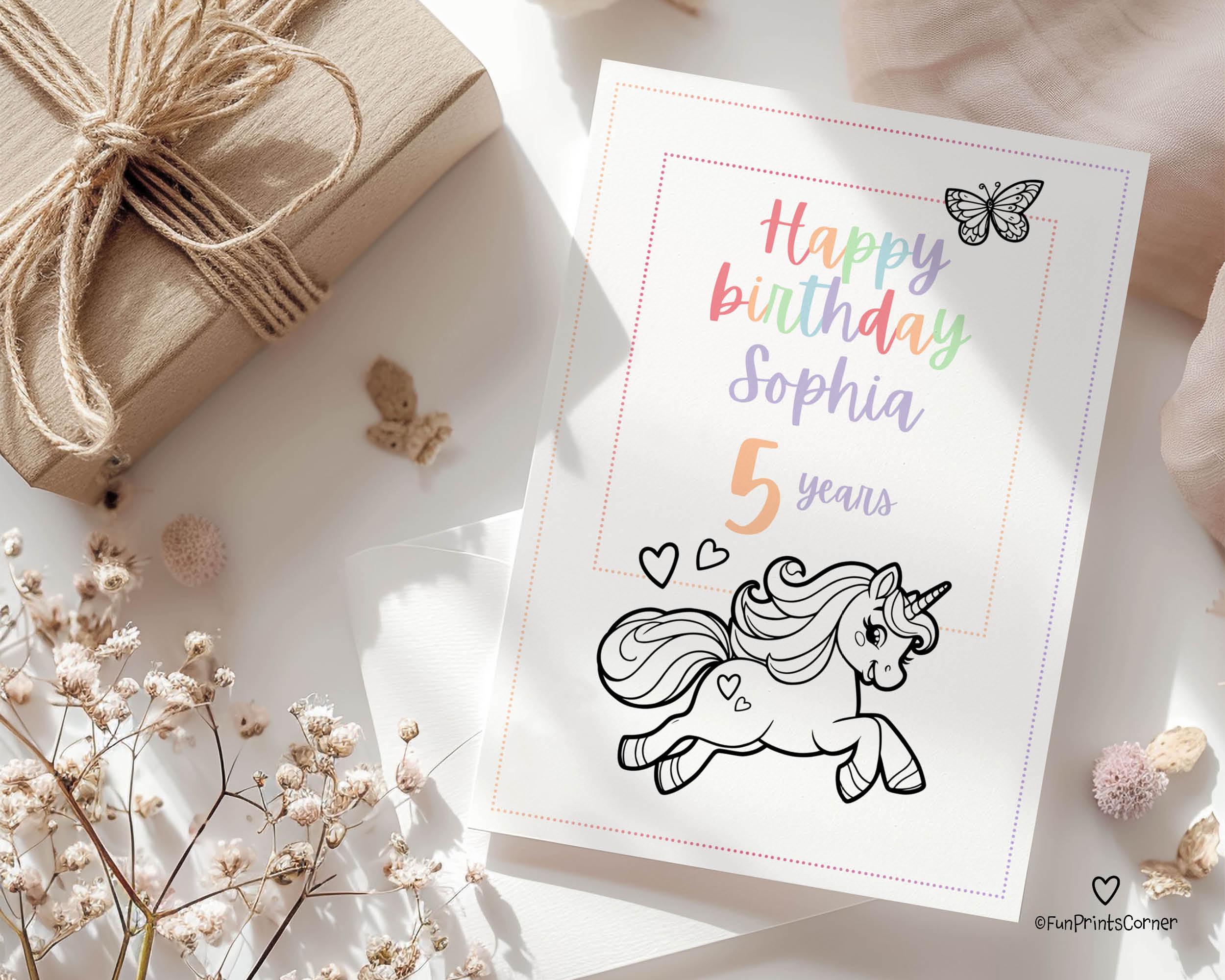 Unicorn Coloring Birthday Card Template 5th Birthday Card Unicorn Happy ...