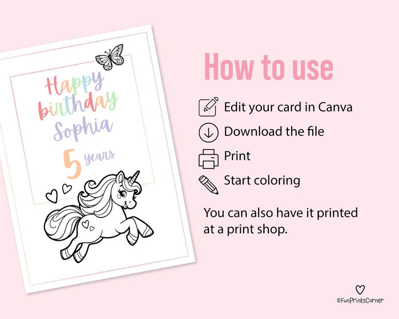 Unicorn Coloring Birthday Card Template | 5th Birthday Card | Unicorn ...