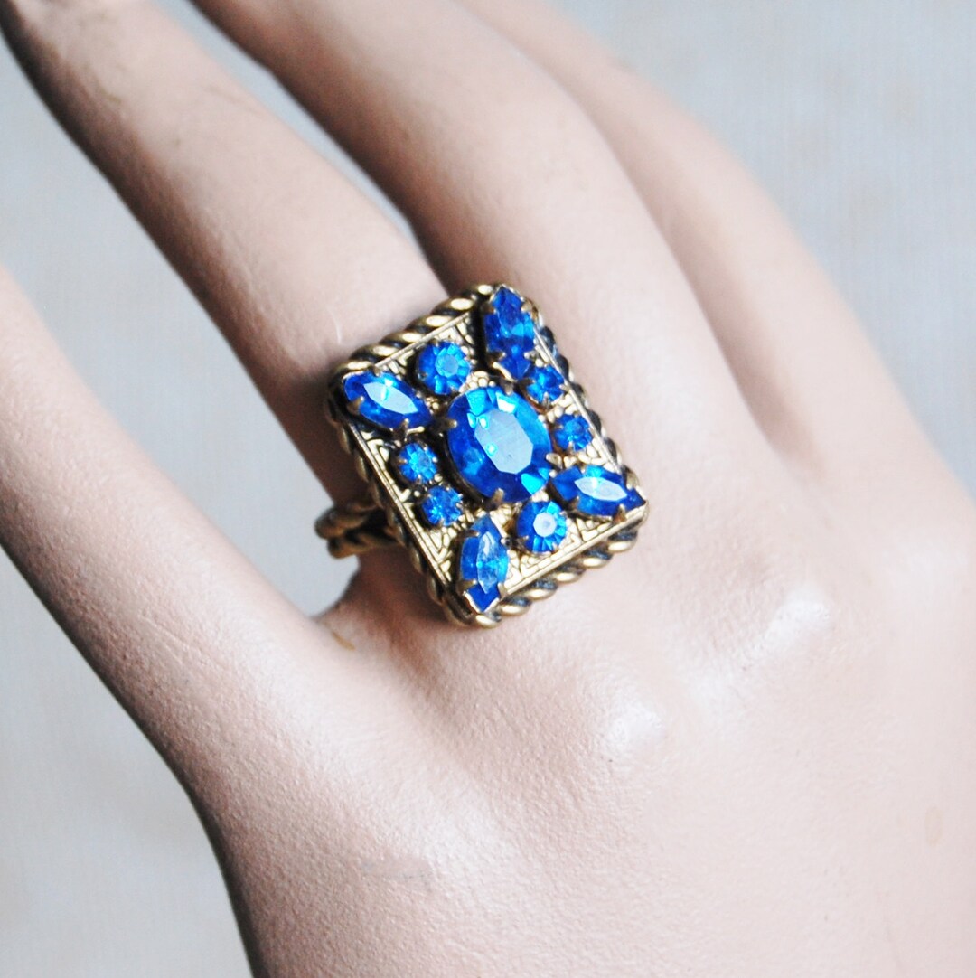 1960s Gothic Ring Costume Brass Vintage Cobalt Blue Rhinestone Ornate ...