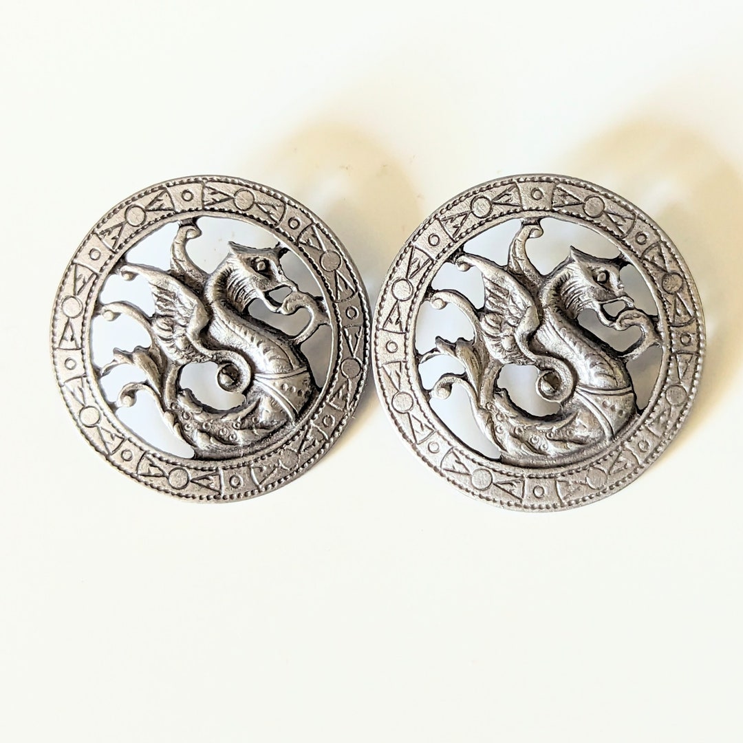 Vintage Pewter Dragon Buttons Pair Metal - Etsy