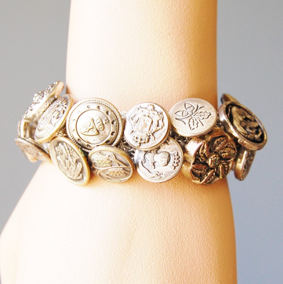 Vintage 1950s Button Bracelet Old Lot of 23 Silver Tone Metal Picture ...