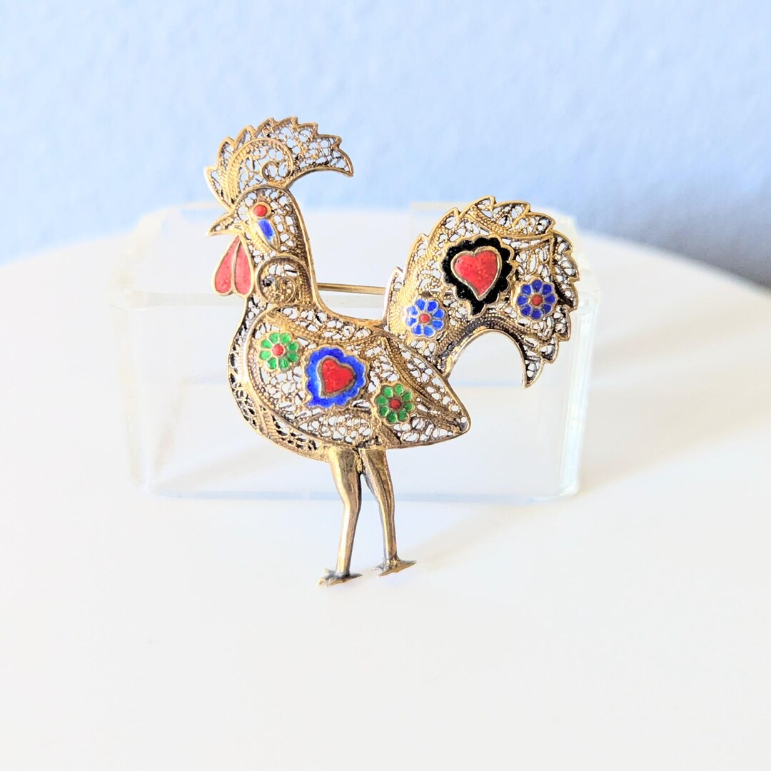Vintage Topazio Filigree Rooster Brooch With Enamel 1950s Ornate ...