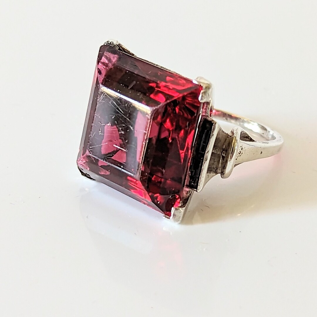 Vintage 1940s Trifari Sterling Solitaire Ring Large Red Stone Estate ...