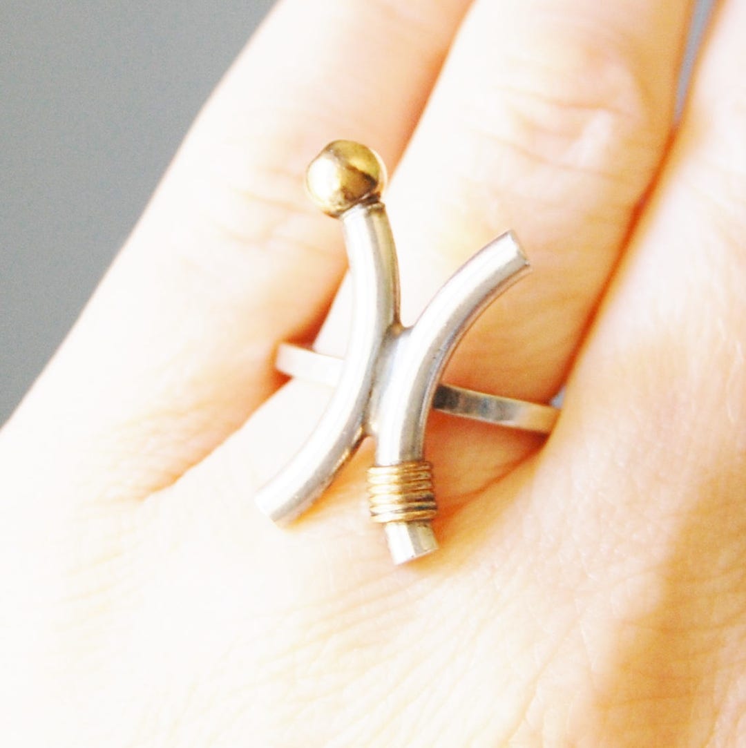 Vintage Sterling Modernist Ring Silver 1960s Size 7 Unusual Design Gold ...
