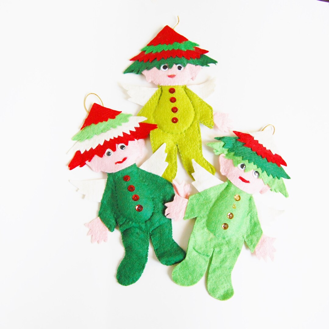 Vintage Xmas Felt Elf Lot 1960s 70s Three Large Ornaments Angels With ...