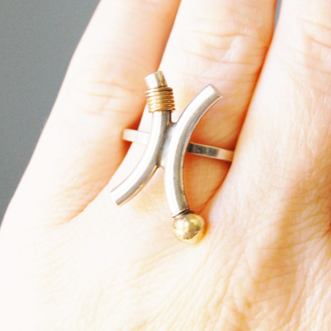 Vintage Sterling Modernist Ring Silver 1960s Size 7 Unusual Design Gold ...