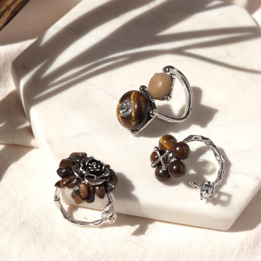 Rose Tigers Eye Silver Ring Set, Sterling Beaded Floral Gemstone ...