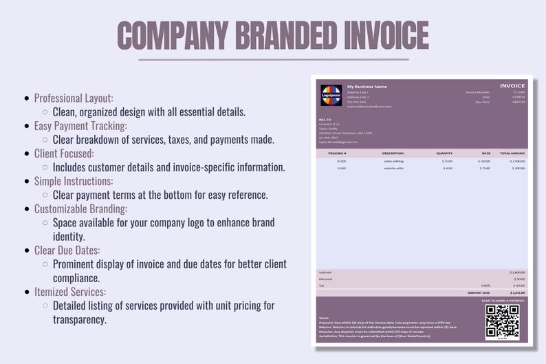 Chic Invoice Design Template Lilac Google Sheets PDF: Small Business ...