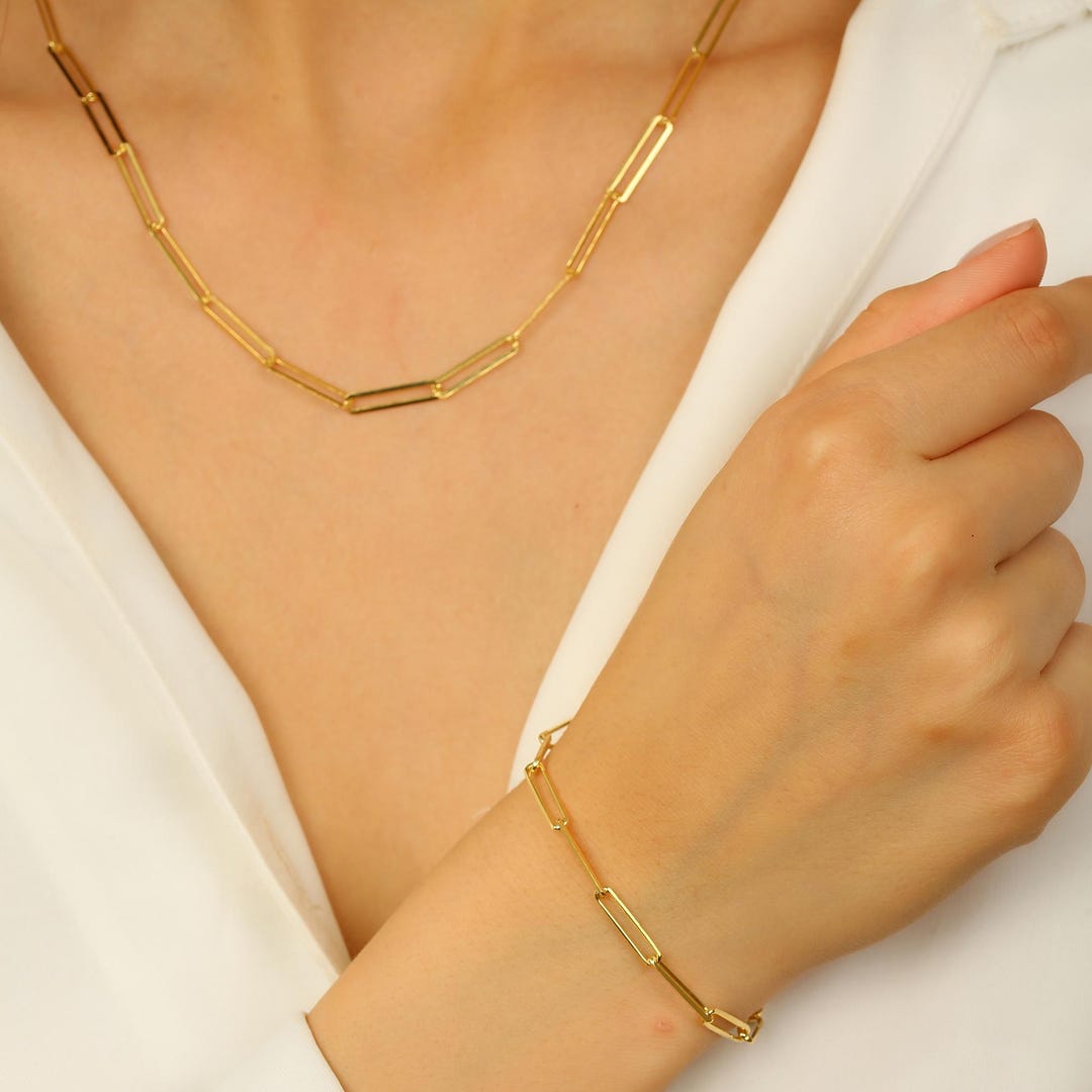14K Solid Gold Paperclip Bracelet, Rectangle Long Link, Real Gold ...