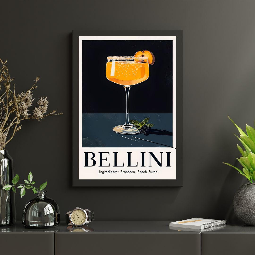 Bellini Cocktail Poster | Prosecco I Peach Puree Drink Art Print ...