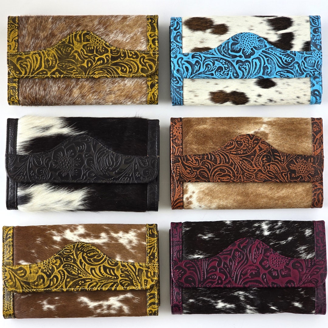 Woman Leather Wallet Cowhide Genuine Leather Clutch Embossed Hair-on ...