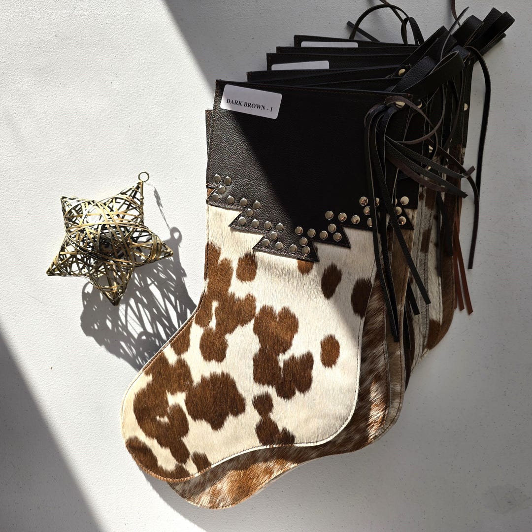 Dark Brown Leather Cowhide Christmas Stockings - Western Christmas ...